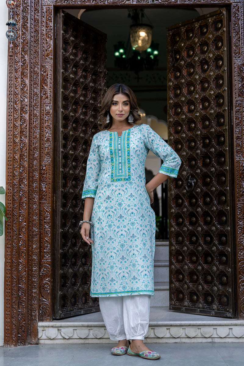Turquoise Motif Printed Cotton Kurta – Inhabit Store