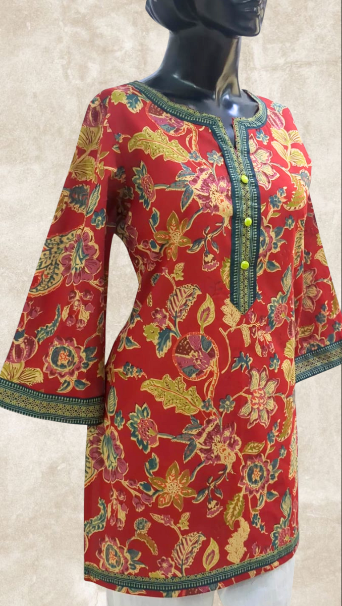 Red Floral Cotton Short Kurti – Inhabit Store